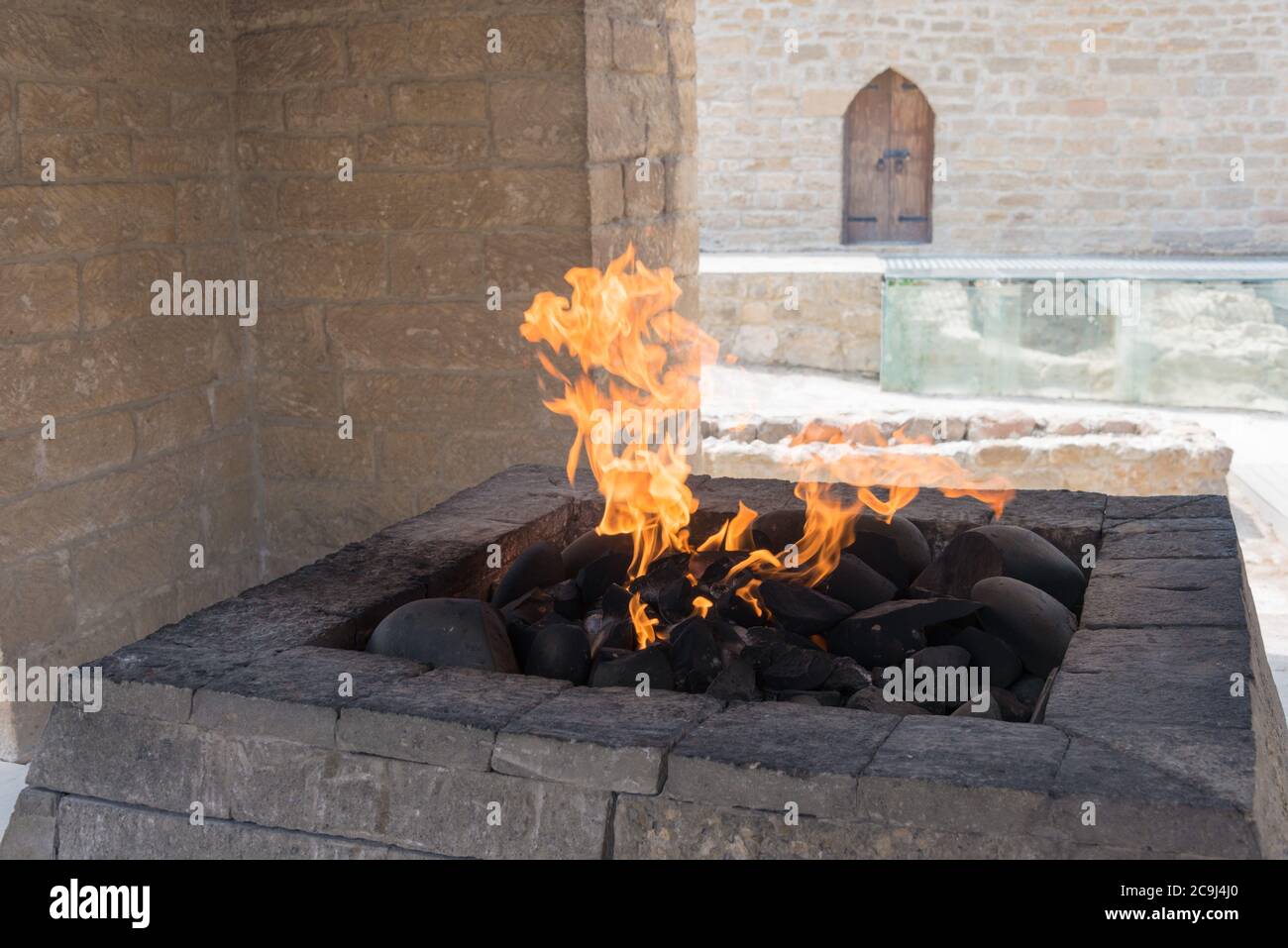 Baku, Azerbaijan - Fire burning at Ateshgah Fire Temple. a famous ...