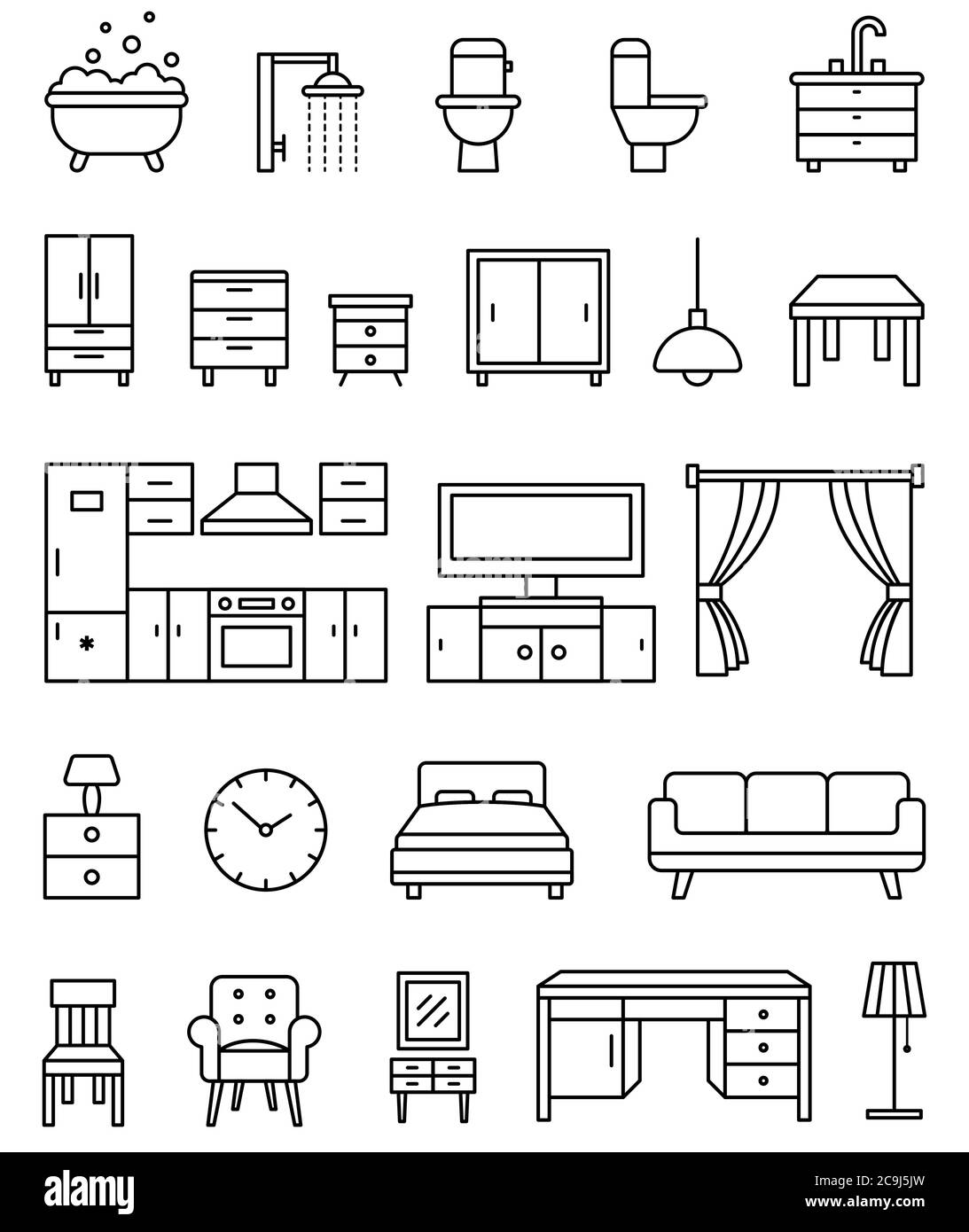 Interior objects outline isolated icons vector set Stock Vector Image ...