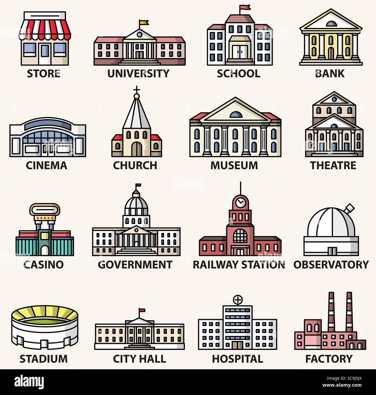 Government buildings icons set. Vector isolated colorful flat style ...