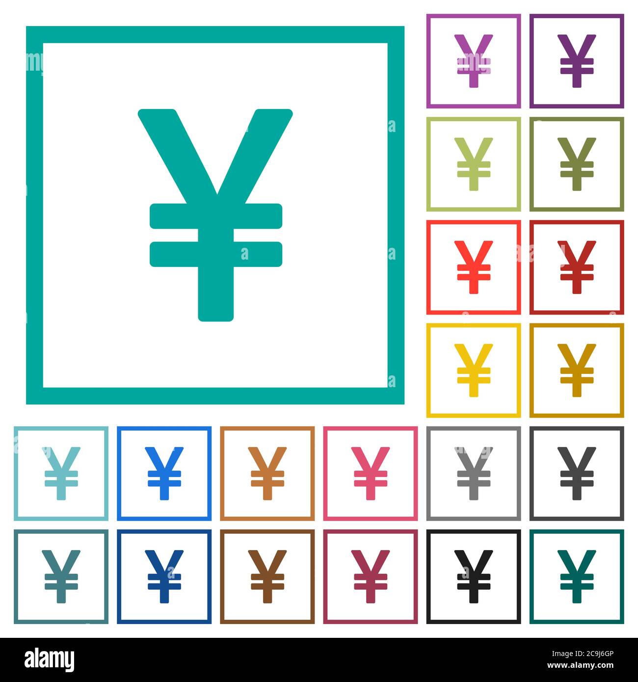 Japanese Yen sign flat color icons with quadrant frames on white ...