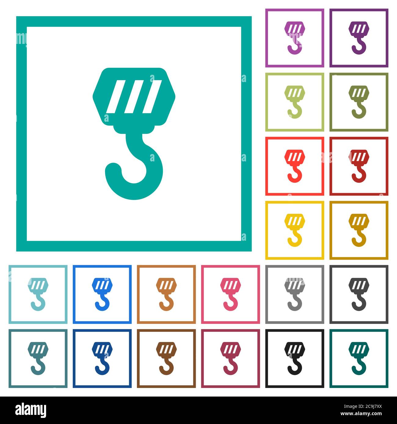 Construction hook flat color icons with quadrant frames on white ...