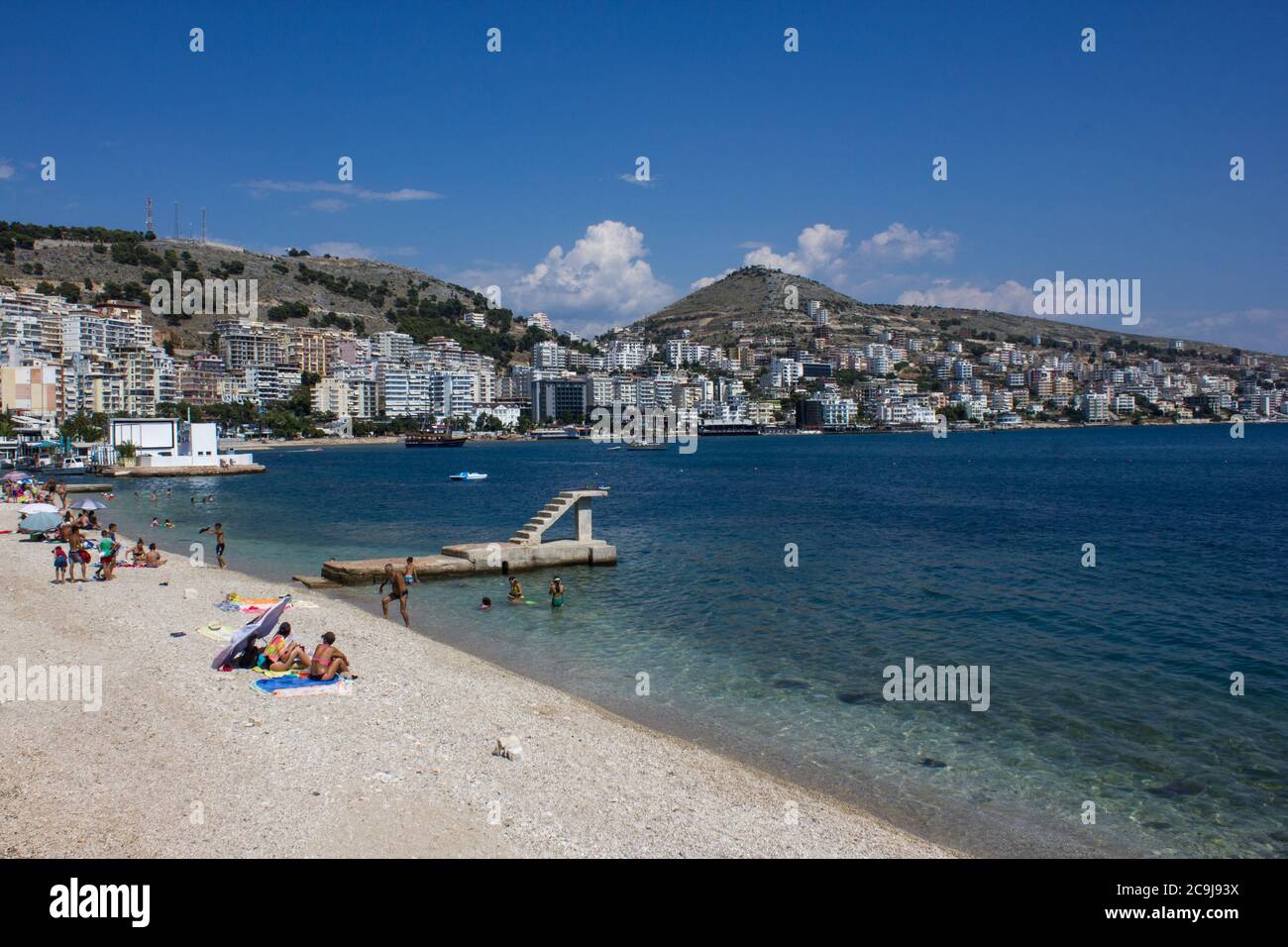 Saranda / Albania - July 2020: Saranda public beach is full with ...
