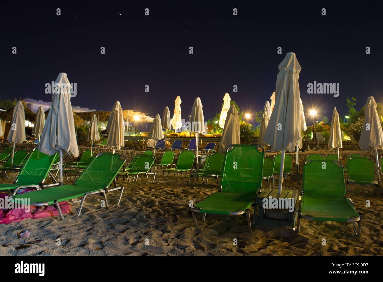 Ksamil/Albania - July 2020: Empty sun beds and umbrellas on Ksamil ...