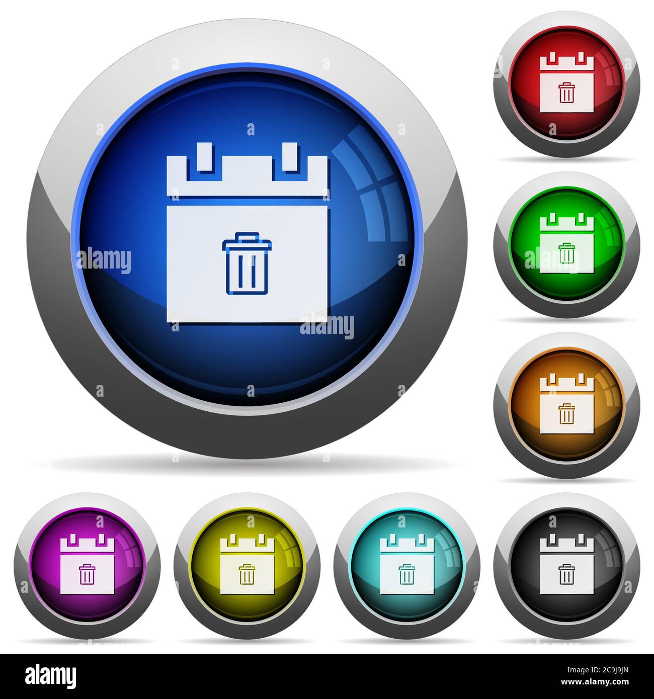 Delete schedule item icons in round glossy buttons with steel frames ...