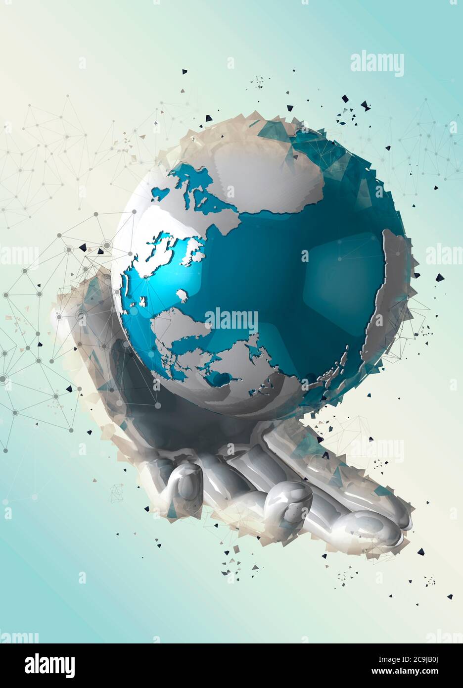 Android hand holding planet earth, illustration Stock Photo - Alamy