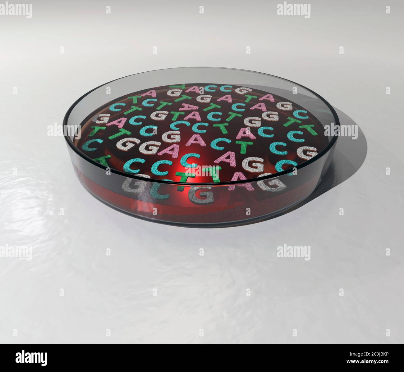 Letters of DNA alphabet floating on the surface of a culture in a petri ...