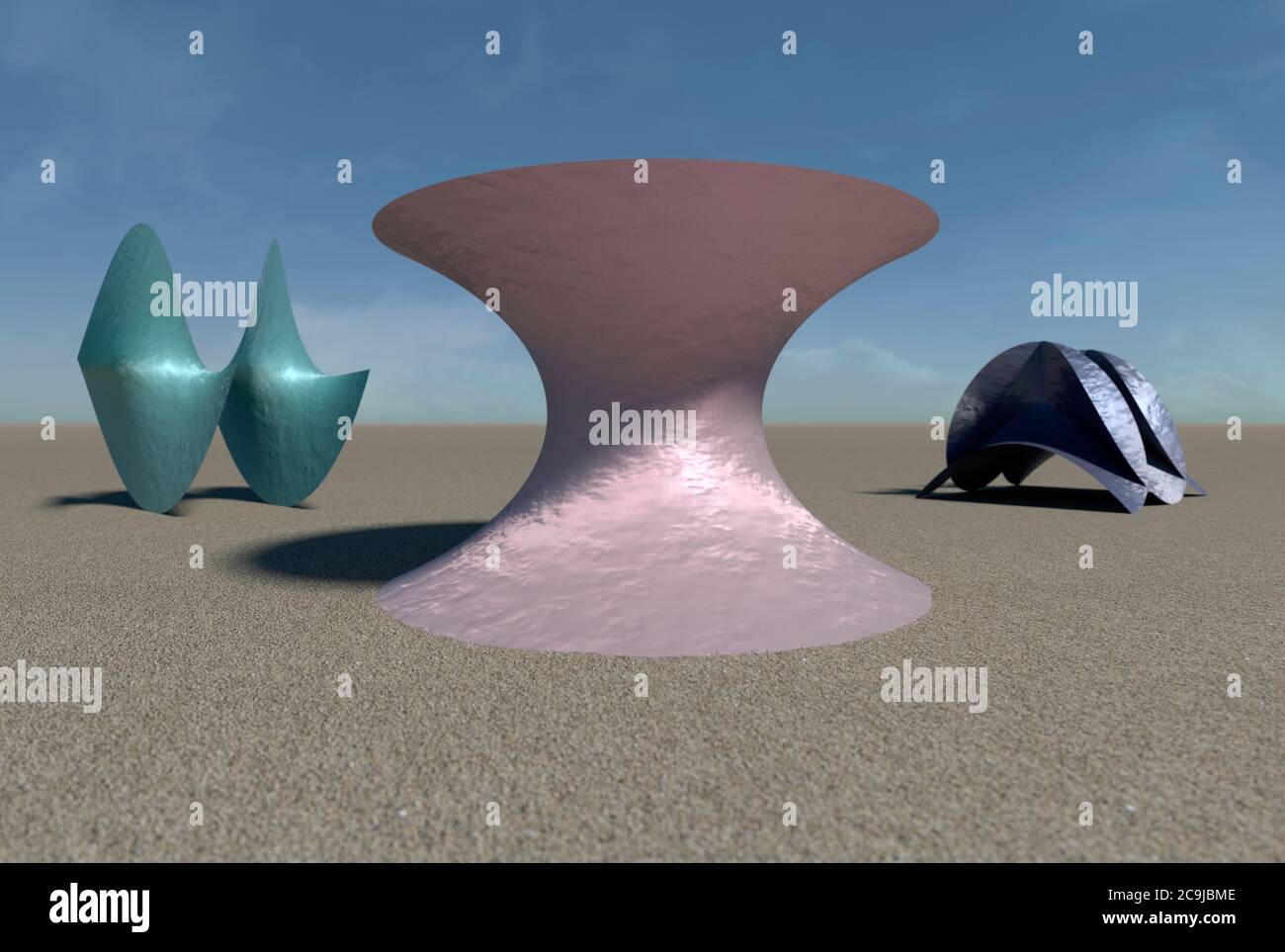 Geometrical forms with minimal surfaces represented as sculptures. A ...