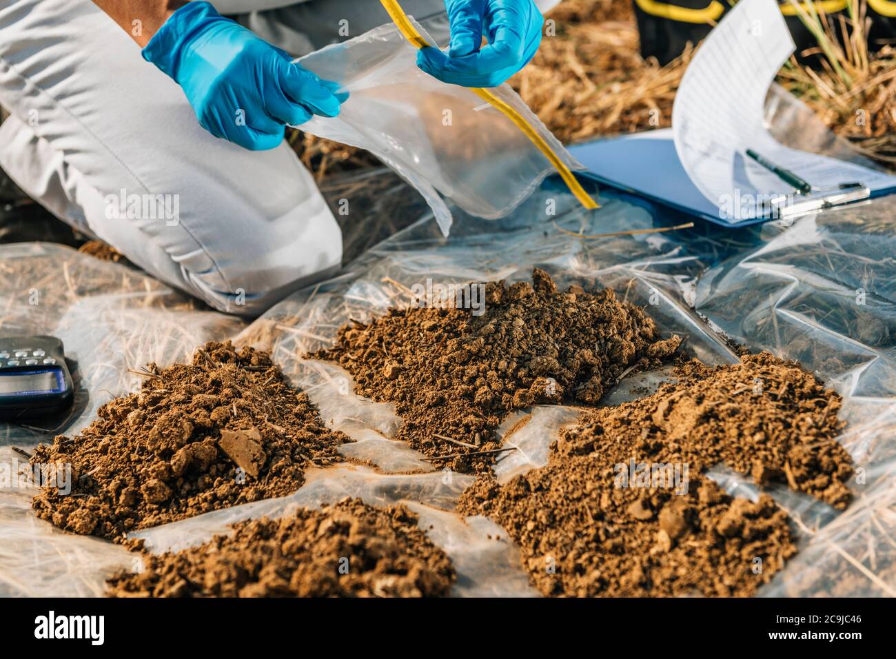 Testing Soil. Agronomist opening soil sample bag in the field Stock ...