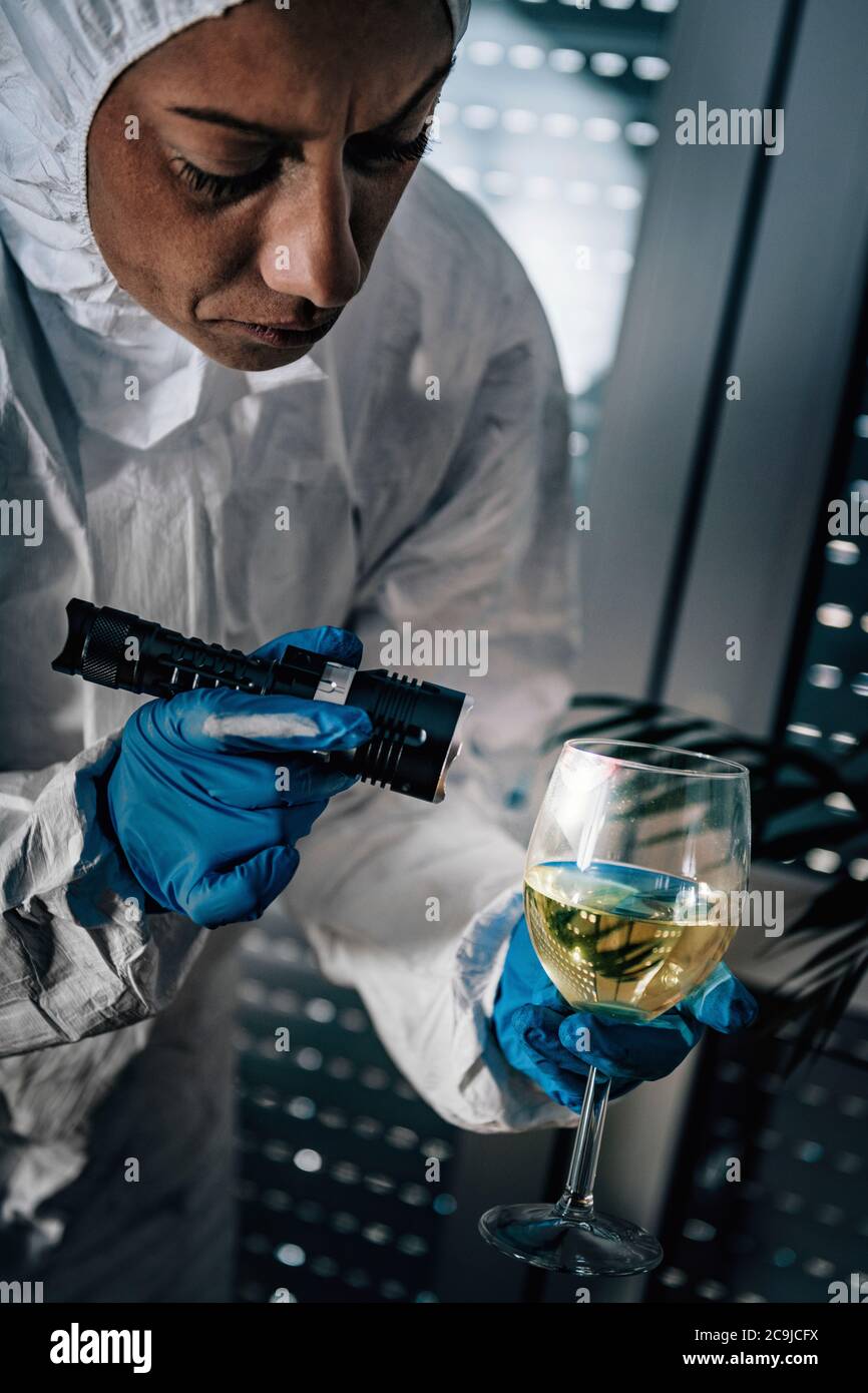 Crime scene. Forensics expert examining evidence at a crime scene Stock ...