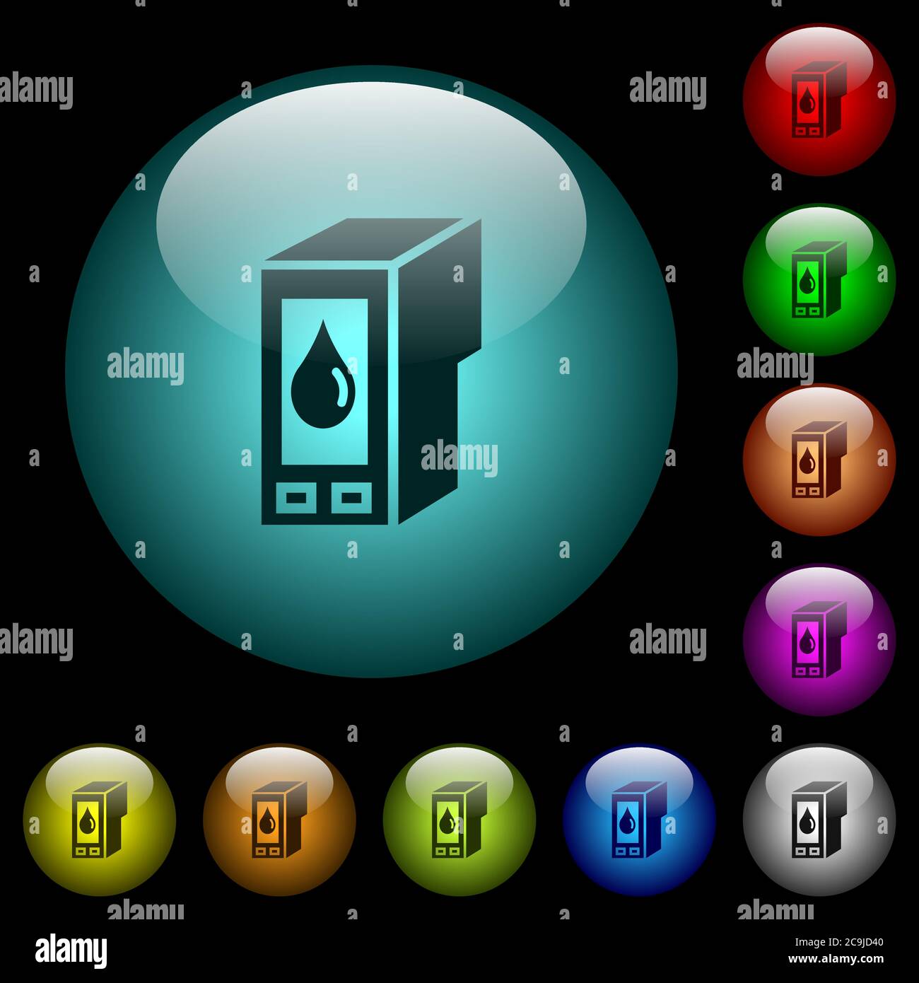 Ink cartridge icons in color illuminated spherical glass buttons on ...