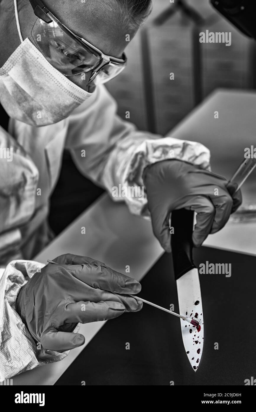 Forensic Science in Laboratory. Police expert examining crime scene ...