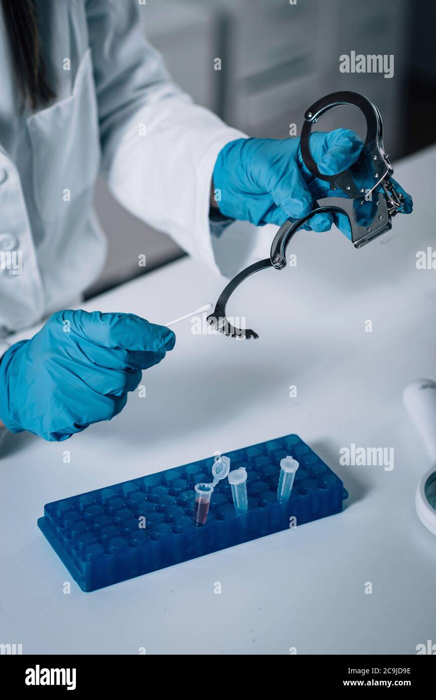 Forensic Science in Lab. Forensic Scientist examining handcuff for ...