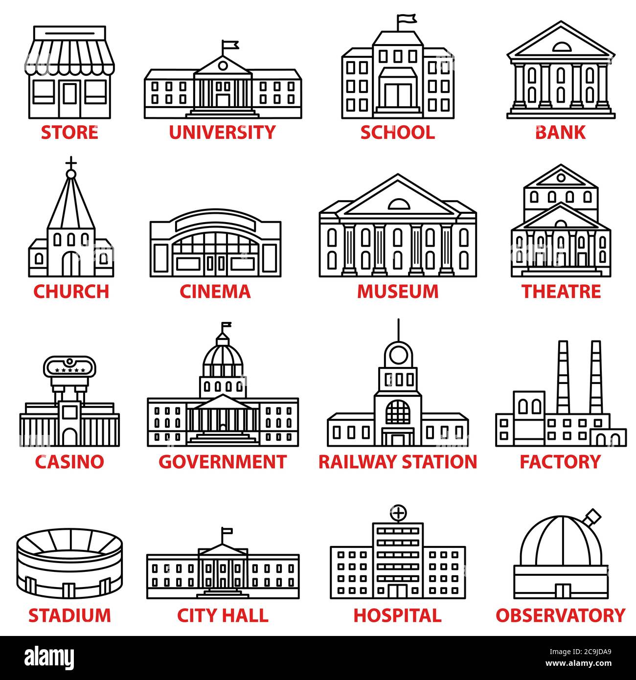 Government buildings icons set. Vector isolated outline illustrations ...