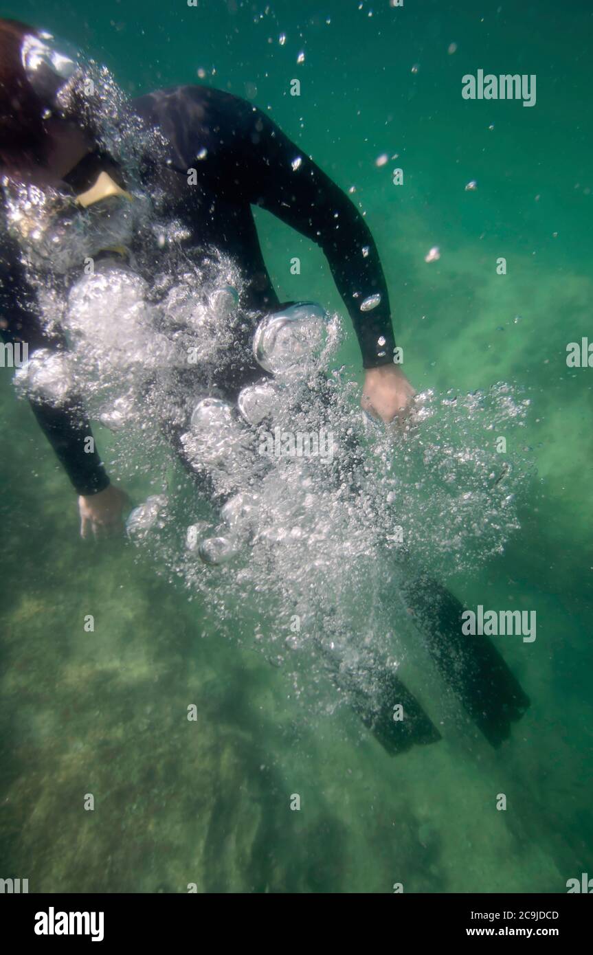 Free diver ascending to the surface through his air bubbles Stock Photo ...