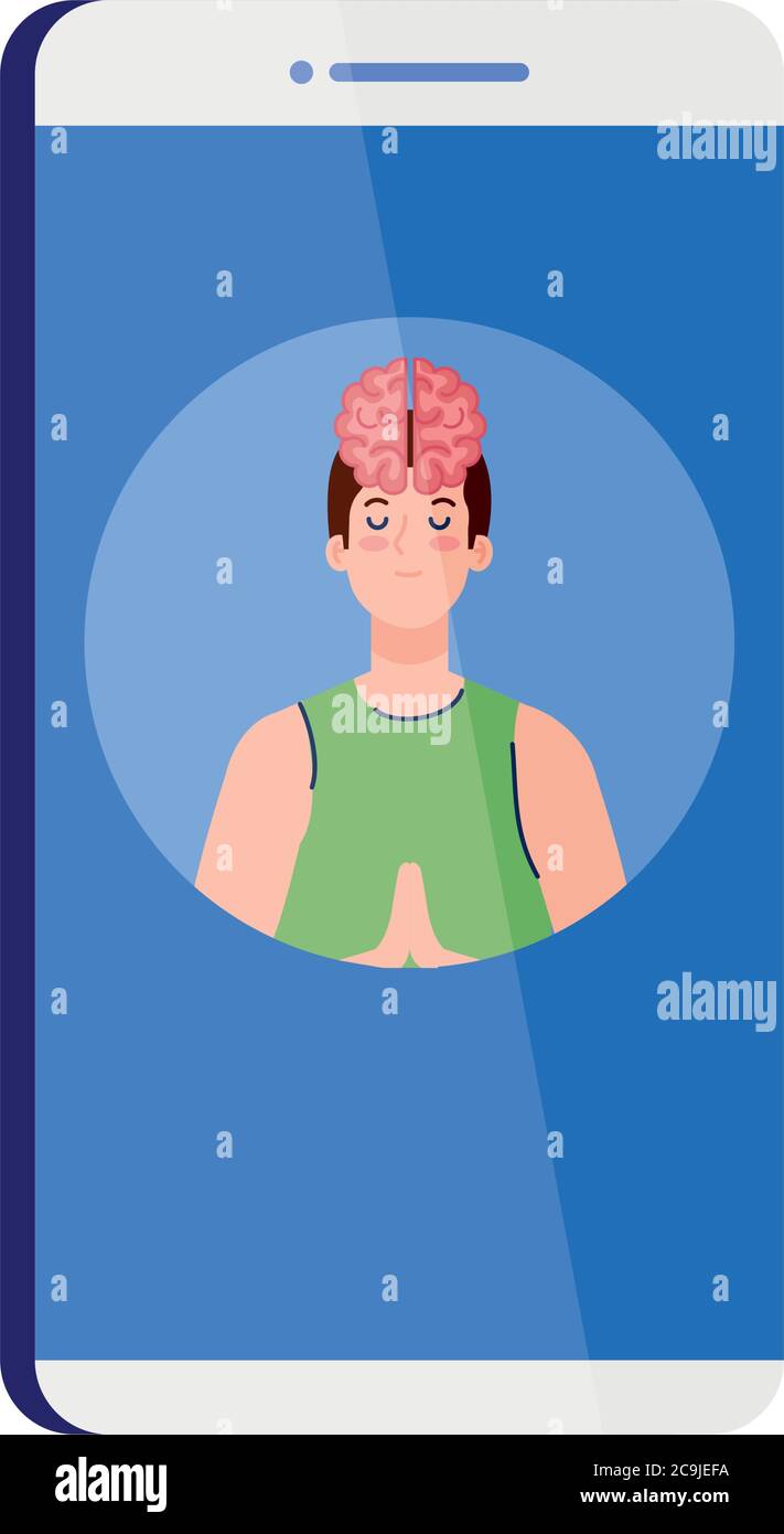 mental health assistance online in smartphone, meditating man with ...