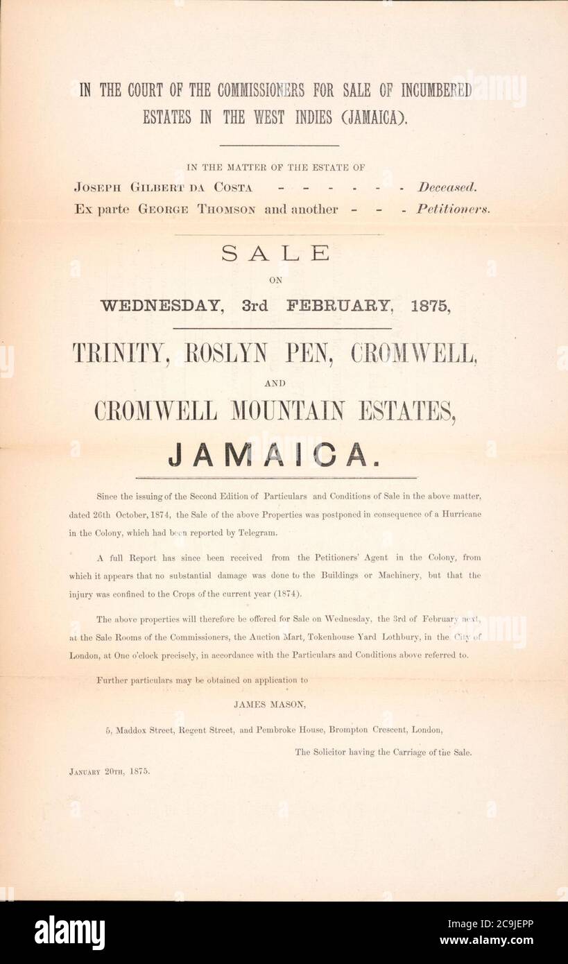 Jamaica, particulars and conditions of sale of valuable Sugar Estate ...