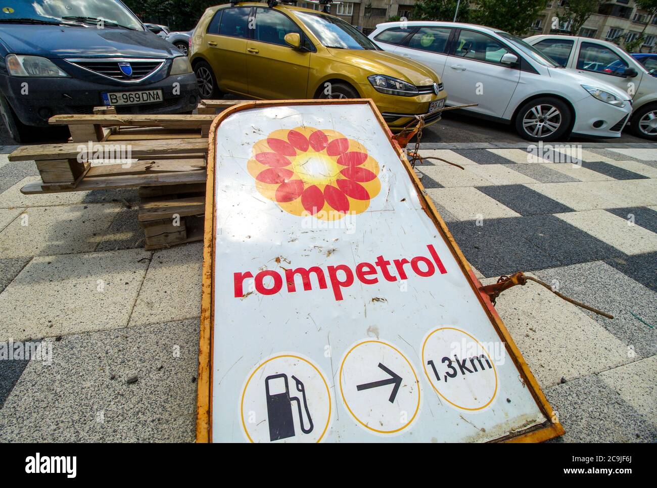Bucharest, Romania - July 06, 2020: A broken Rompetrol gas station sign ...