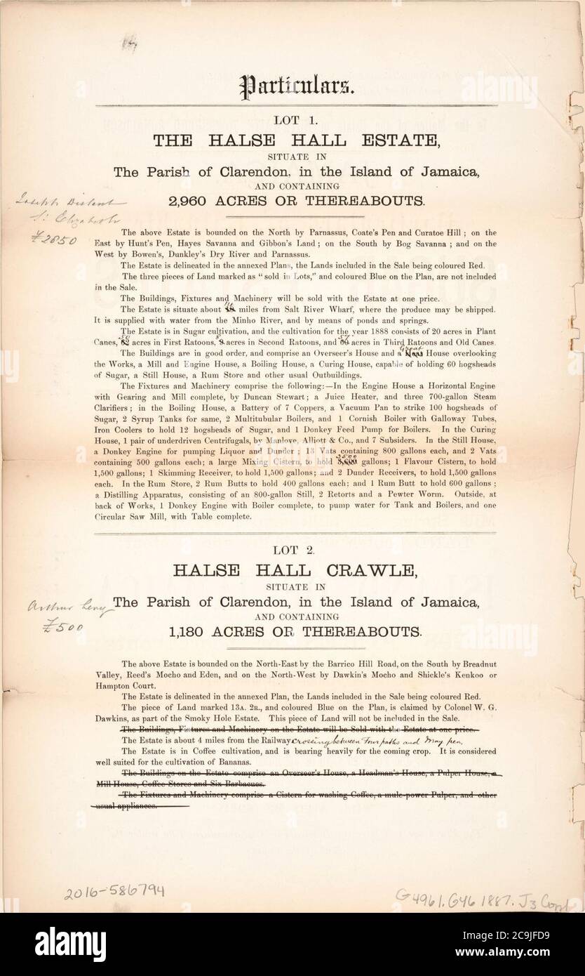 Jamaica, particulars of valuable Estates - know as Halse Hall, Caswell ...