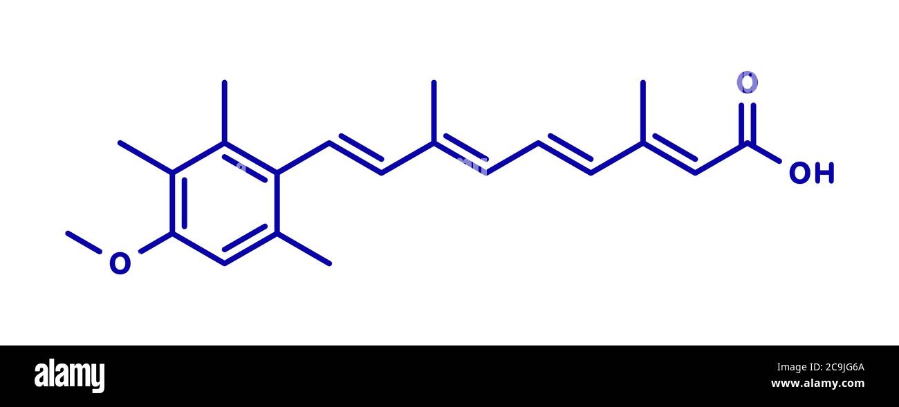 Acitretin psoriasis drug molecule. Blue skeletal formula on white ...
