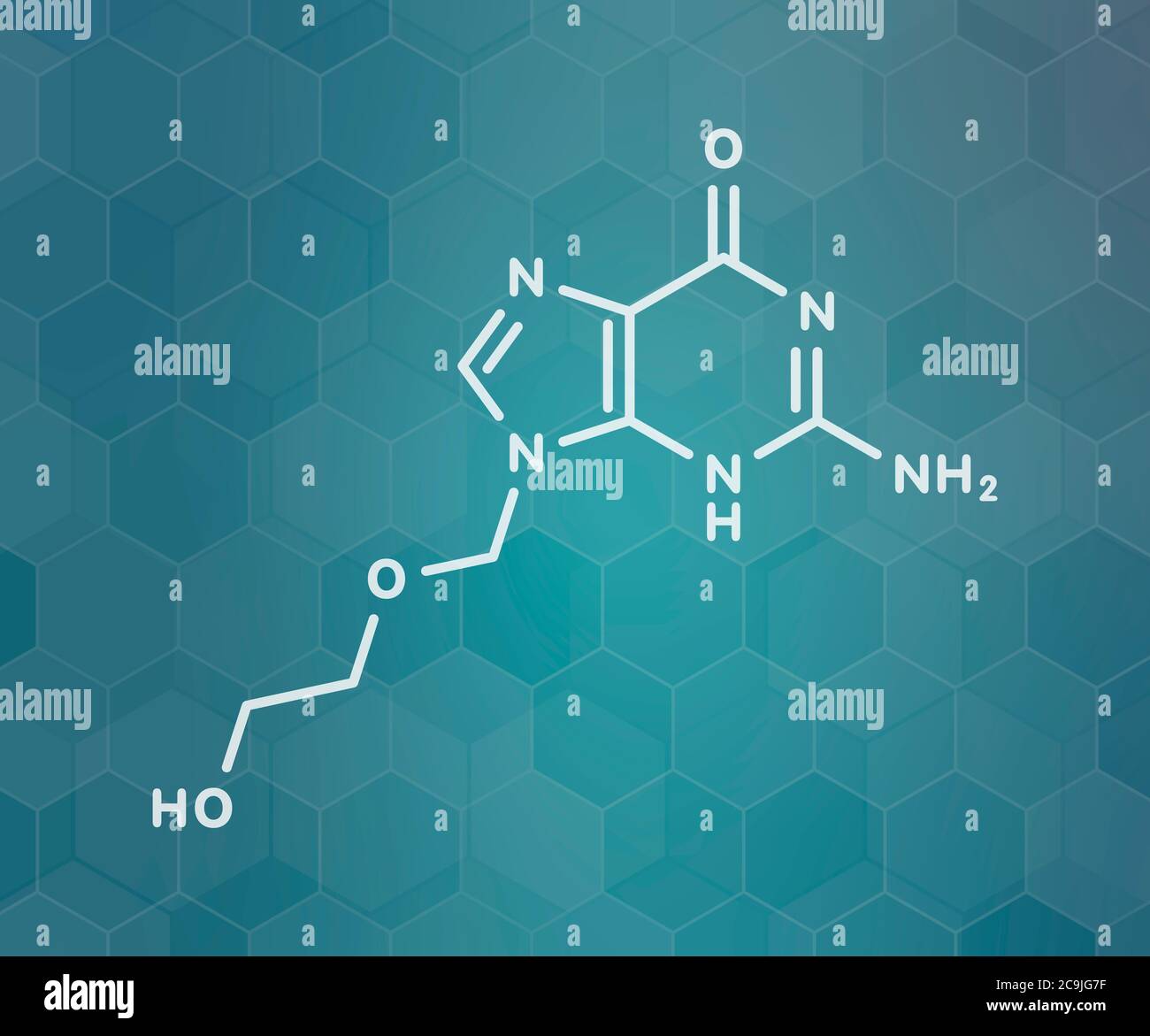 acyclovir antiviral drug molecule. Used in treatment of herpes simplex ...