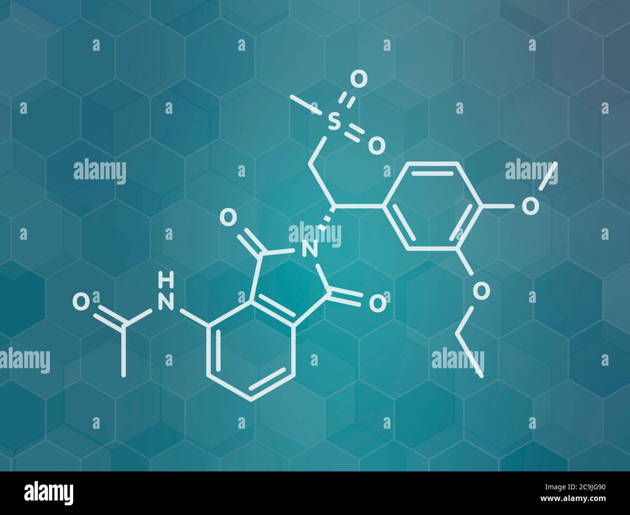 Apremilast investigational psoriasis drug molecule. White skeletal ...