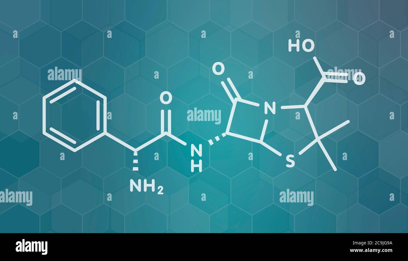 Ampicillin beta-lactam antibiotic drug molecule. White skeletal formula ...