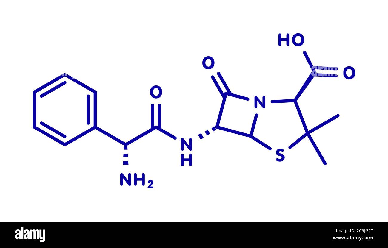 Ampicillin beta-lactam antibiotic drug molecule. Blue skeletal formula ...