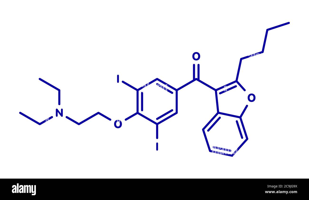 Amiodarone antiarrhythmic drug molecule. Blue skeletal formula on white ...