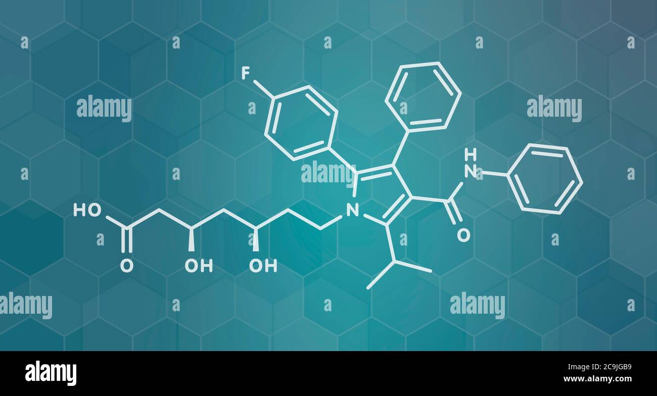 Atorvastatin cholesterol lowering drug (statin class) molecule. White ...