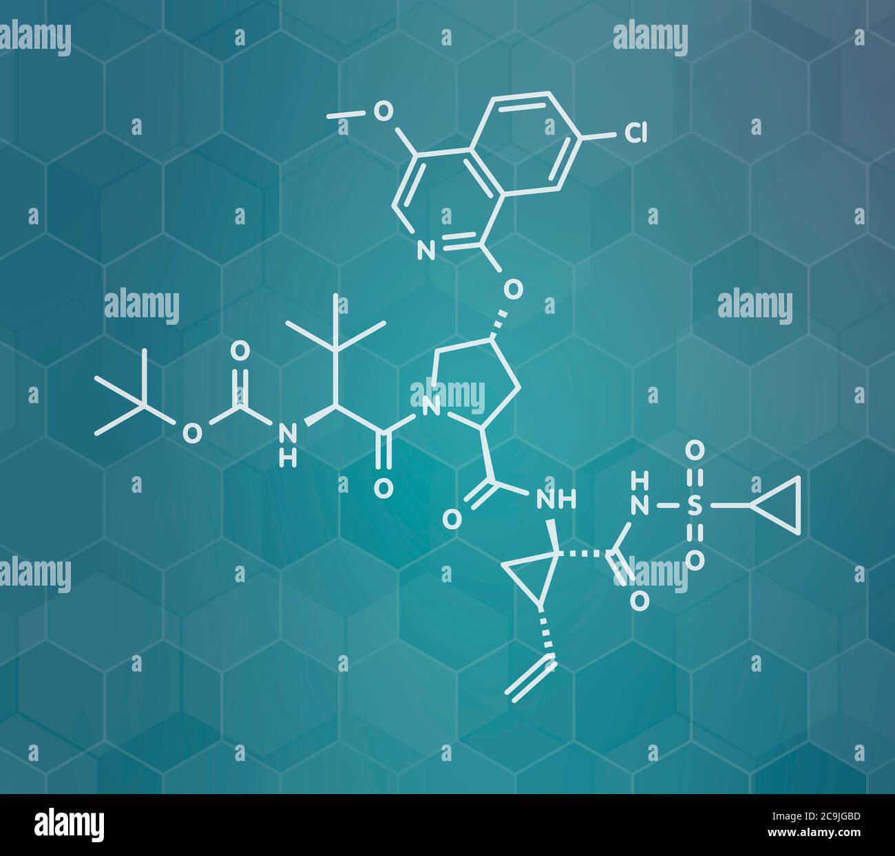 Asunaprevir hepatitis C virus (HCV) drug molecule. White skeletal ...
