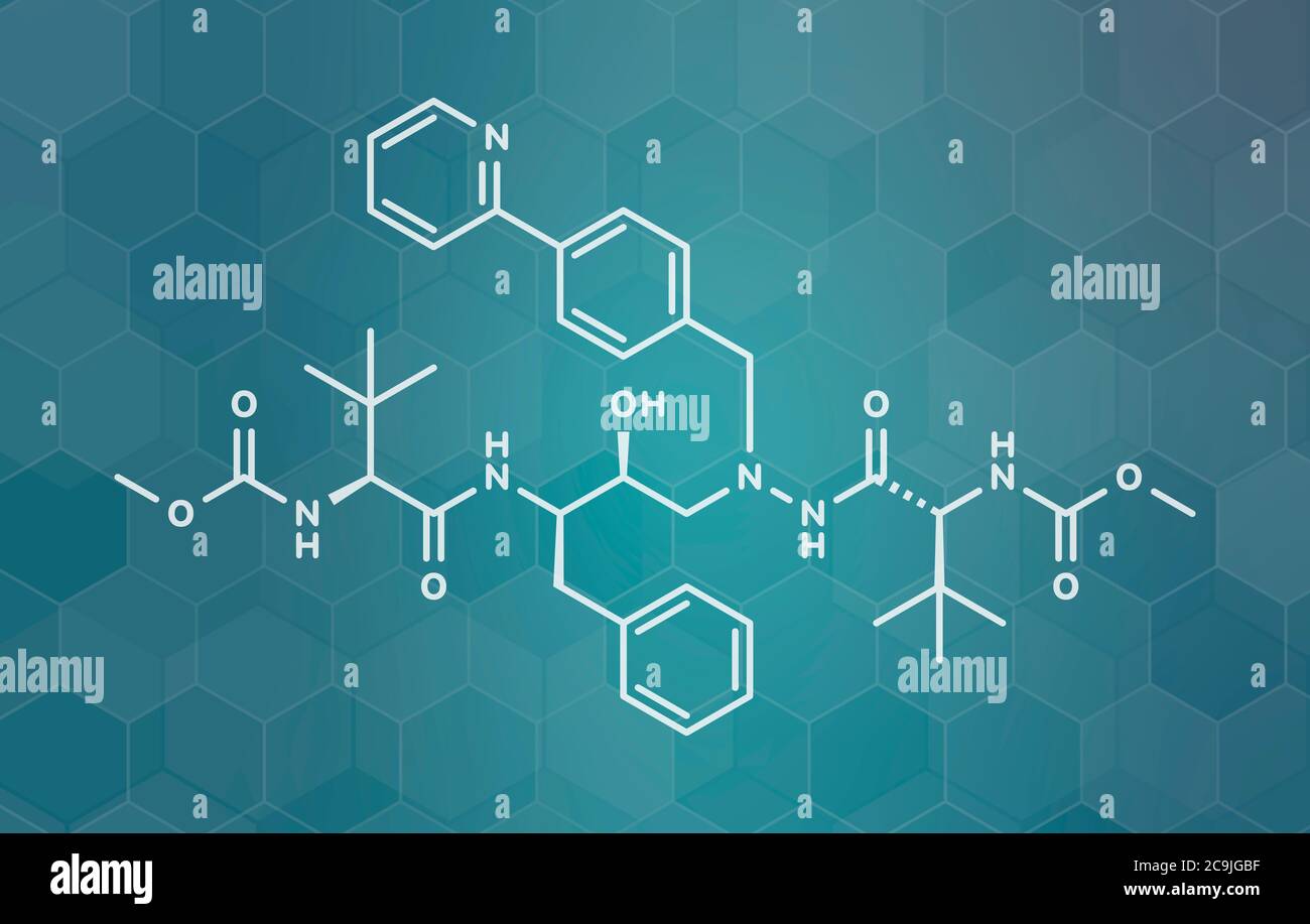 Atazanavir HIV drug (protease inhibitor class) molecule. White skeletal ...