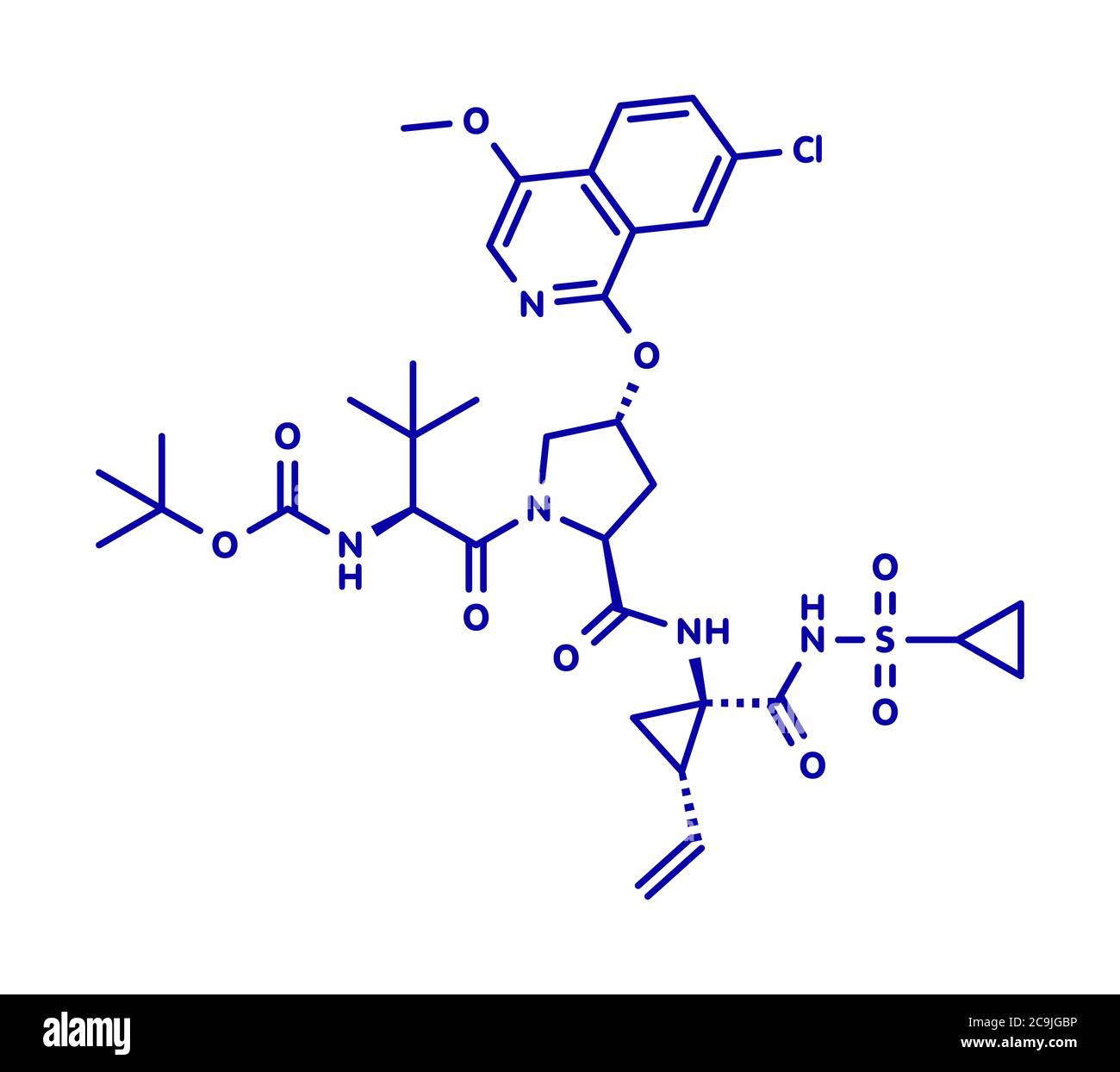 Asunaprevir hepatitis C virus (HCV) drug molecule. Blue skeletal ...