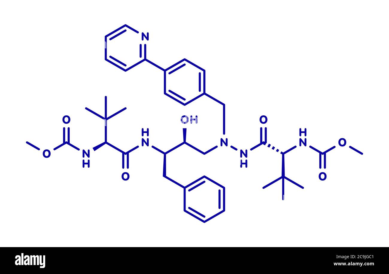 Atazanavir HIV drug (protease inhibitor class) molecule. Blue skeletal ...
