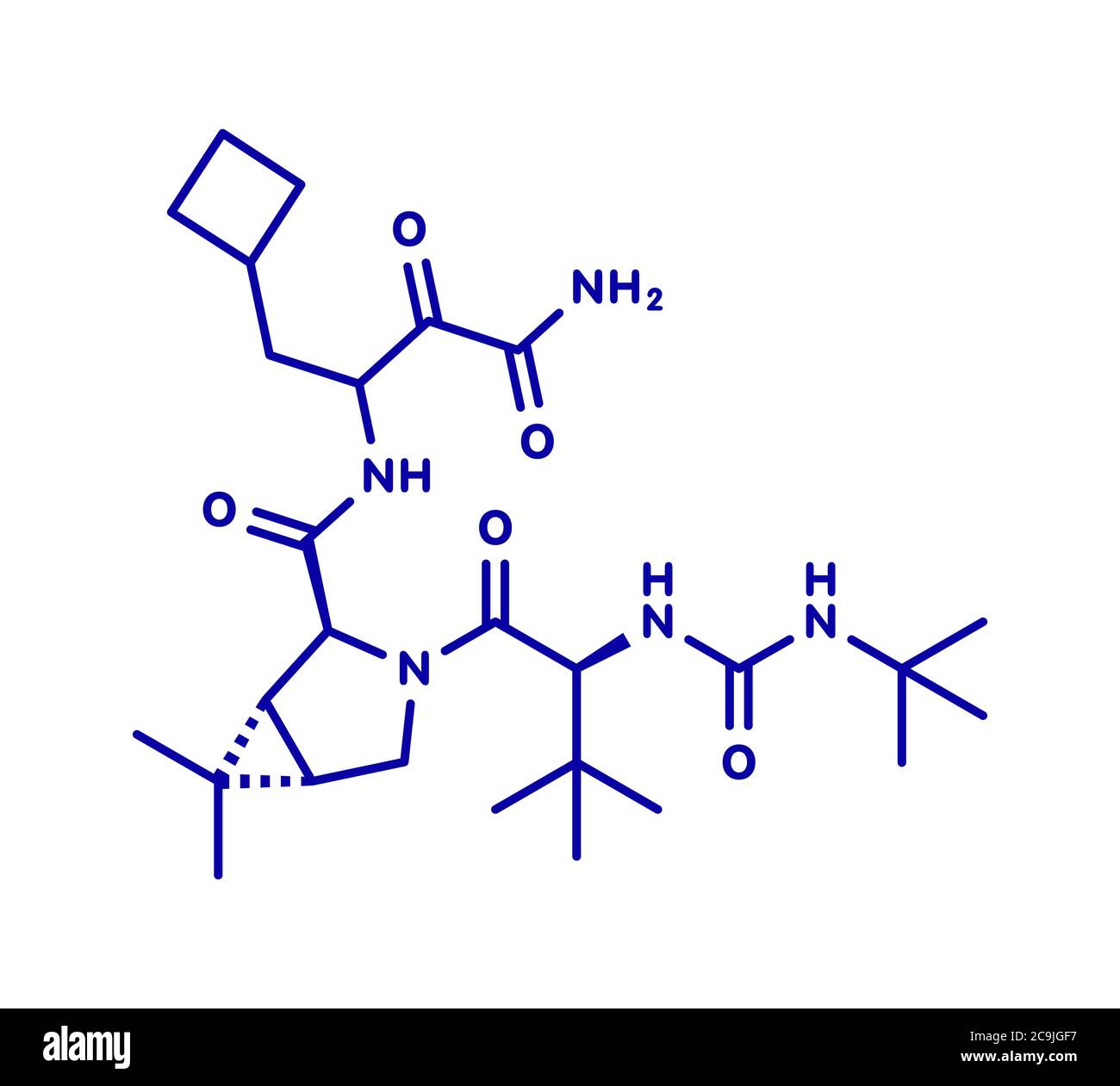 Boceprevir hepatitis C virus (HCV) drug molecule. Blue skeletal formula ...