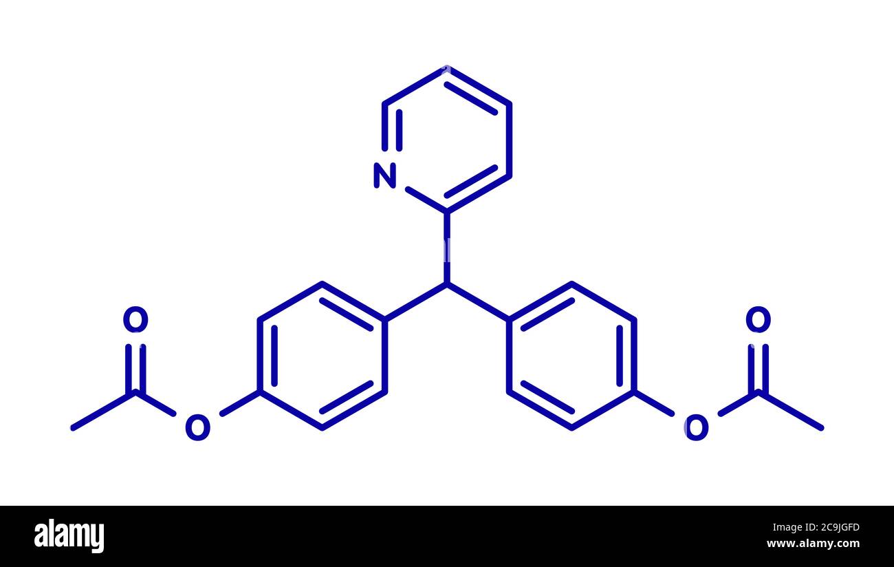 Bisacodyl laxative drug molecule. Blue skeletal formula on white ...