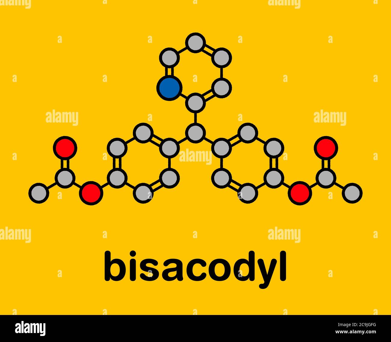 Bisacodyl laxative drug molecule. Stylized skeletal formula (chemical ...