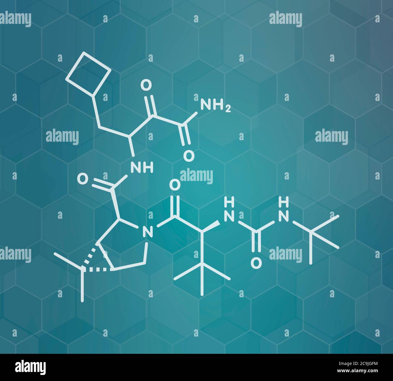 Boceprevir hepatitis C virus (HCV) drug molecule. White skeletal ...