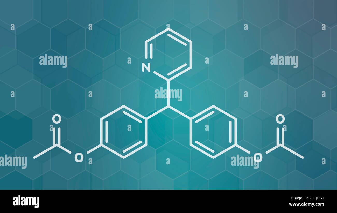Bisacodyl laxative drug molecule. White skeletal formula on dark teal ...