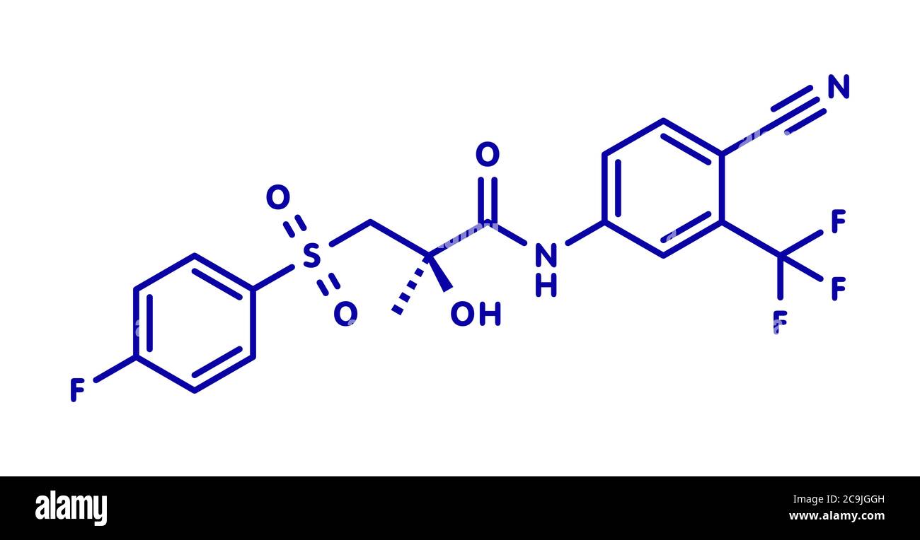 Bicalutamide prostate cancer drug (anti-androgen) molecule. Blue ...