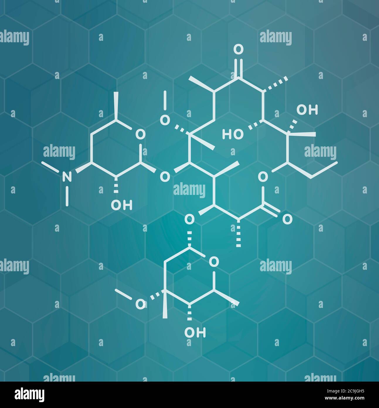 Clarithromycin antibiotic drug (macrolide class) molecule. White ...