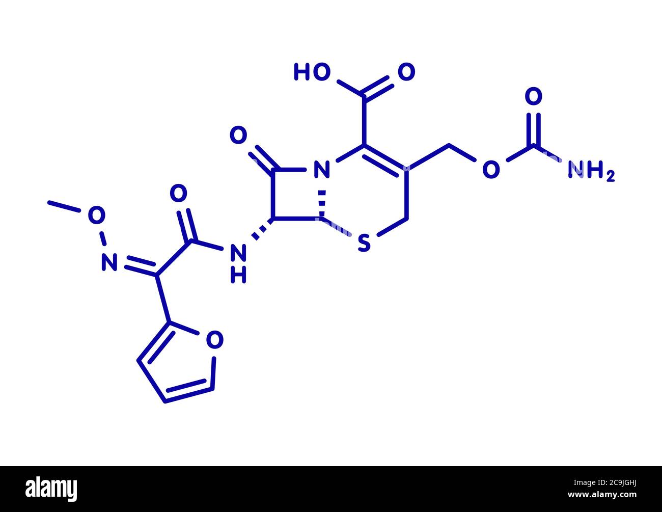 Cefuroxime second generation cephalosporin antibiotic molecule. Blue ...