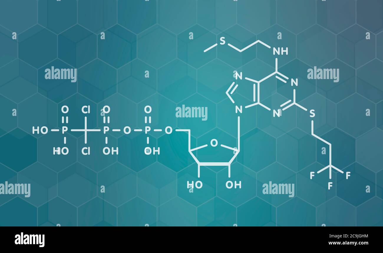 Cangrelor antiplatelet drug molecule. White skeletal formula on dark ...