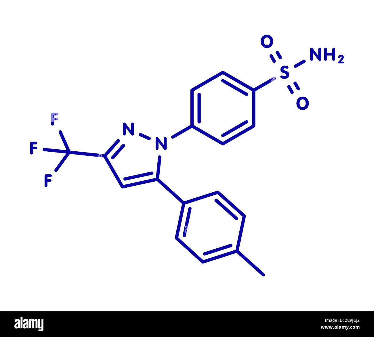 Celecoxib pain and inflammation drug (NSAID) molecule. Blue skeletal ...