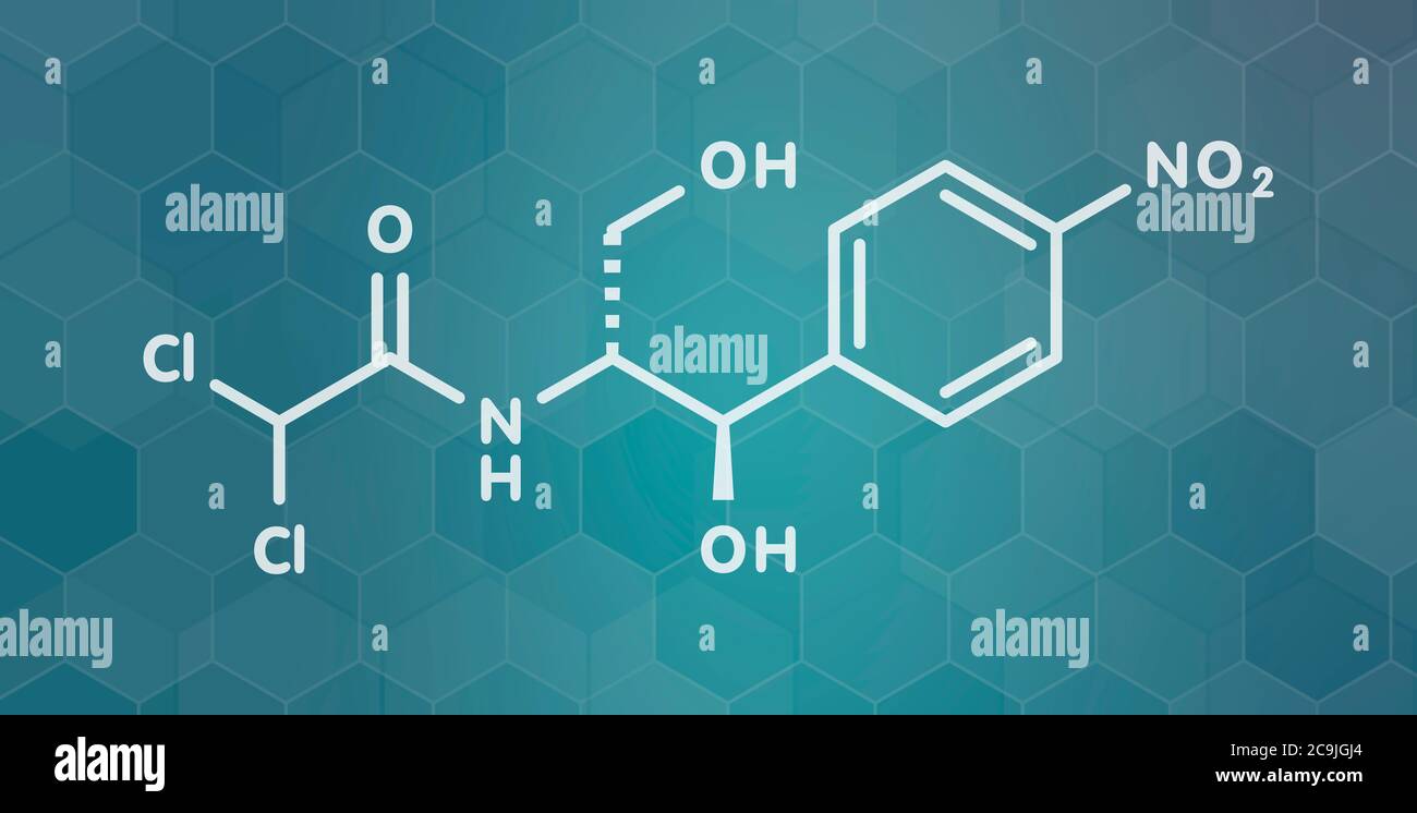 Chloramphenicol antibiotic drug molecule. White skeletal formula on ...