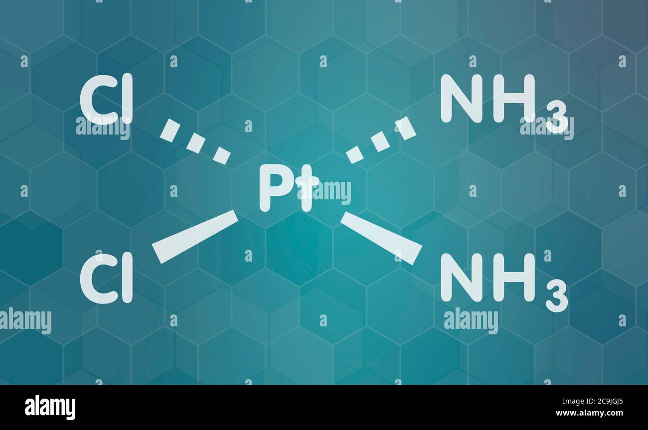 Cisplatin cancer chemotherapy drug molecule. White skeletal formula on ...