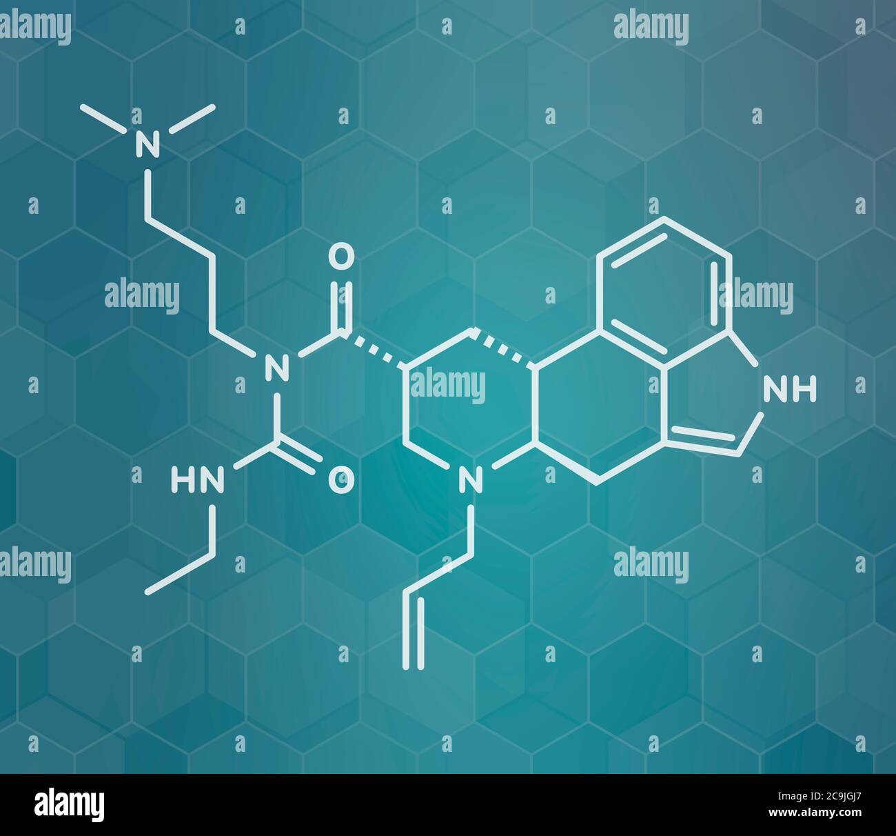 Cabergoline drug molecule. Used in Parkinson's disease and other ...