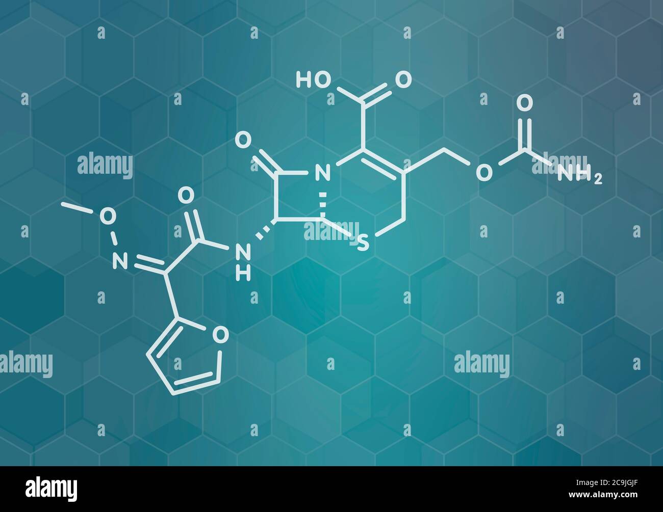 Cefuroxime second generation cephalosporin antibiotic molecule. White ...