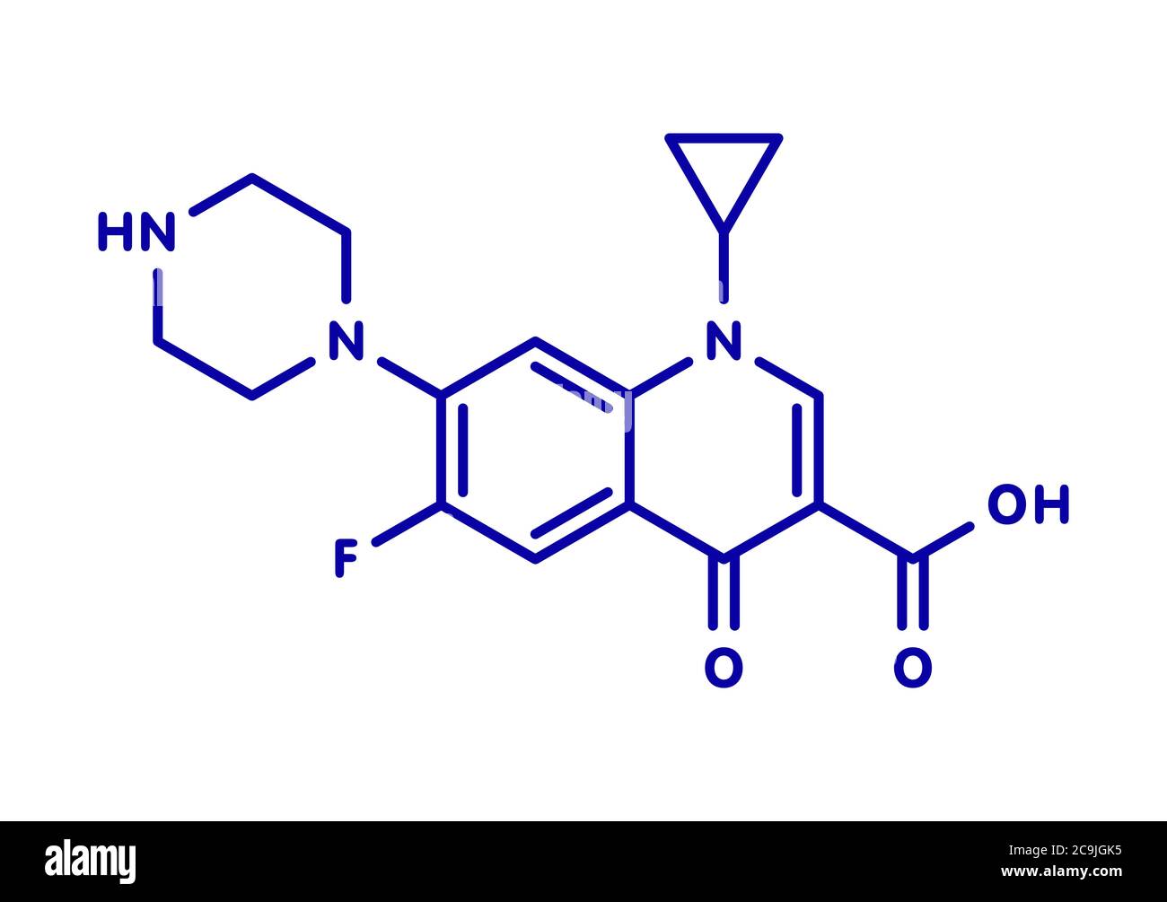 Ciprofloxacin antibiotic drug (fluoroquinolone class) molecule. Blue ...