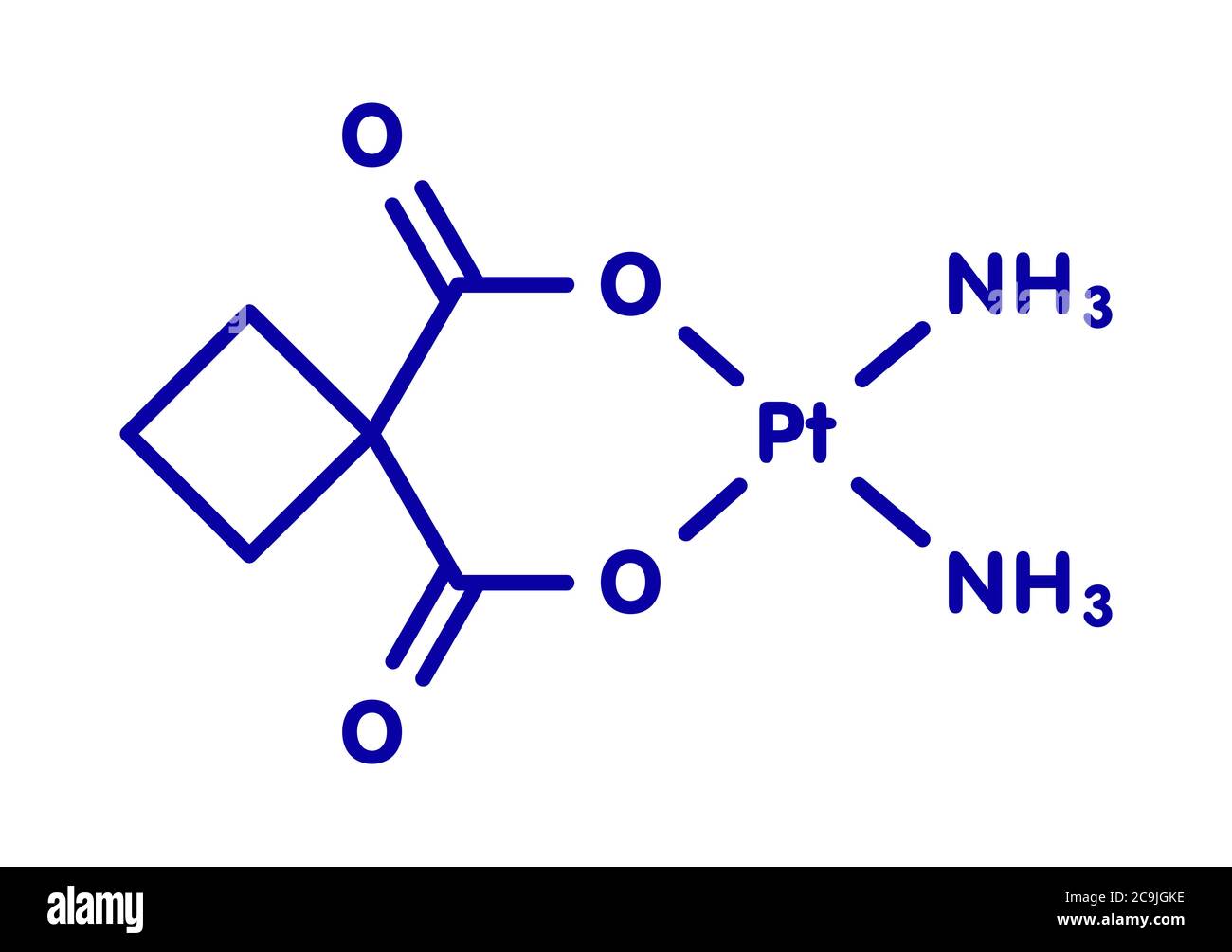 Carboplatin cancer chemotherapy drug molecule. Blue skeletal formula on ...