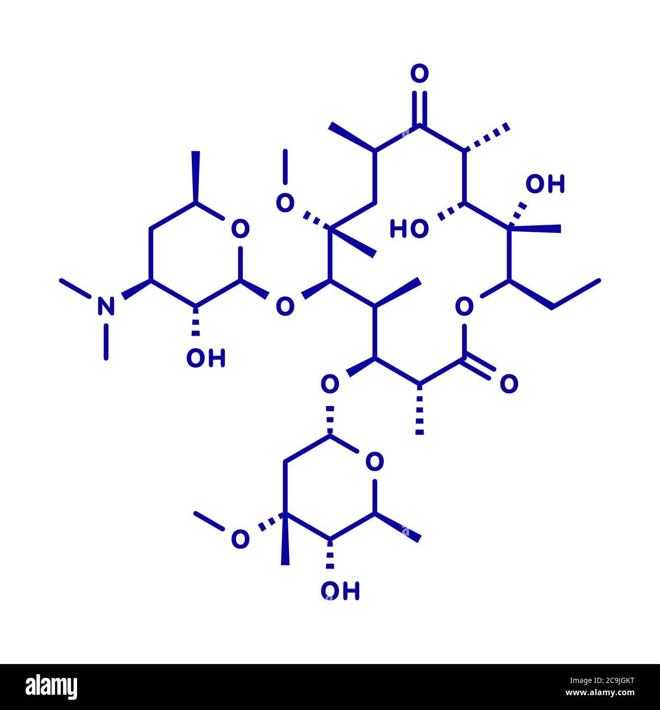 Clarithromycin antibiotic drug (macrolide class) molecule. Blue ...